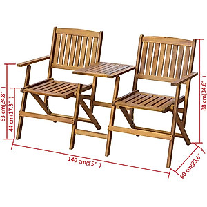 Outdoor 2-Person Folding Wooden Loveseat | Foldable Patio Conversation Set with Tea Table | Patio Furniture Set with Built-in Coffee Table for Backyard Pool Yard | Brown Solid Acacia Wood