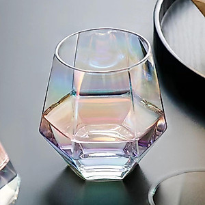 Ufrount Wine Glasses Set of 4,Iridescent Stemless Wine Glasses for Red and White Wine,Geometric 10oz Diamond Shaped Glass Cups for Whiskey,Cocktail,Bourbon,Juice,Water