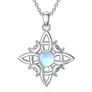 LONAGO Witches Knot Synthetic Moonstone Necklace 925 Sterling Silver Wicca Moon Irish Celtic Pendant Jewelry for Women