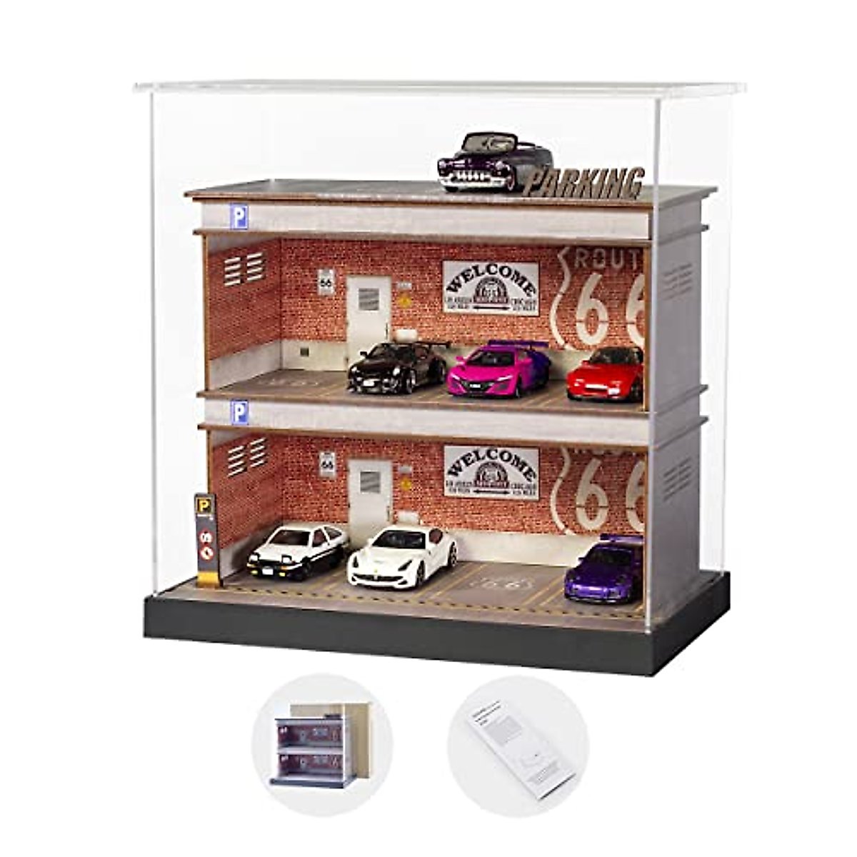 SIKIVOT Double Deck Garage Display Case， 1/64 Scale Parking Lot Model Car， Die-cast Car Garage Display Case，12 Parking Space with LED Light and Acrylic Cover (7642 Red Brick Wall)