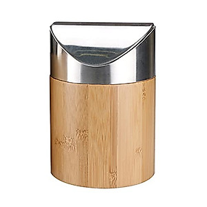 Bamboo Tabletop Trash Can with Lid, Small, Trash Can, Dust Box, Compact, Stylish, Stainless Steel, Bamboo, Natural