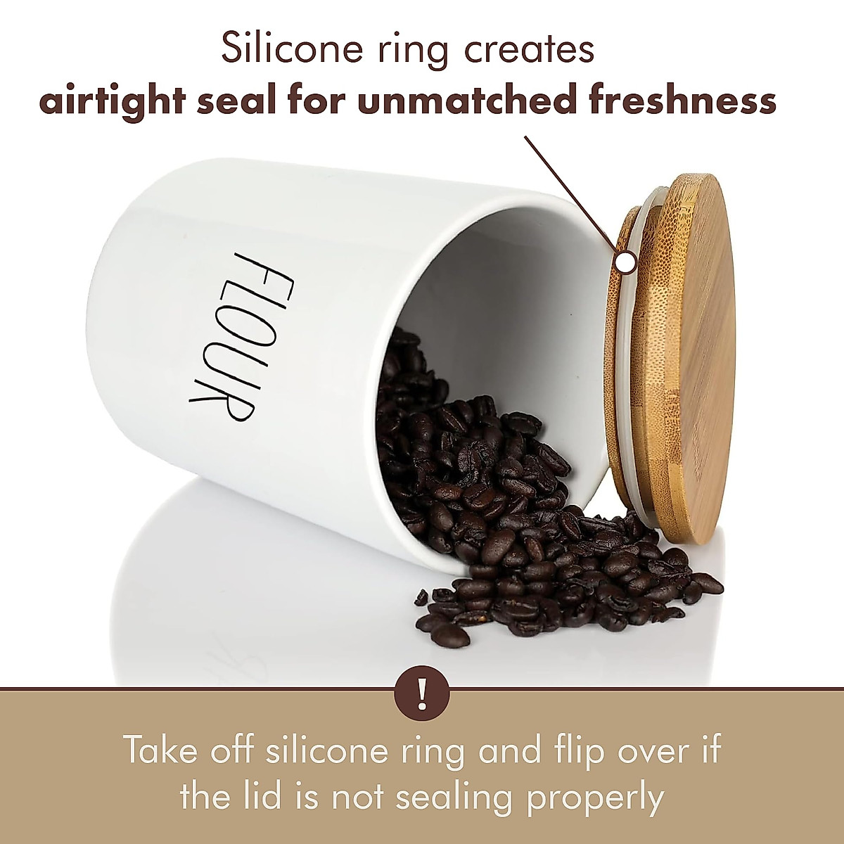 Arthausen White Ceramic Storage Jar Canister for Flour - Airtight Bamboo Lid w/Silicone Seal, Spoon - Modern Abstract Art Design for Kitchen Counter or Bathroom - 4 cup / 1080mL