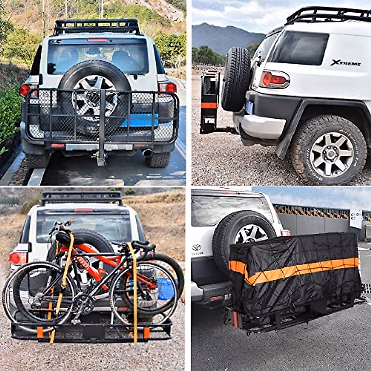 Basket Trailer Hitch Cargo Carrier 60"x 21" Folding Trailer Hitch Luggage Rack with Cargo Bag and Net, 550 LBS Capacity Vehicle Cargo Carriers Hitch Mount Fit 2" Receiver for SUV, Truck, Car
