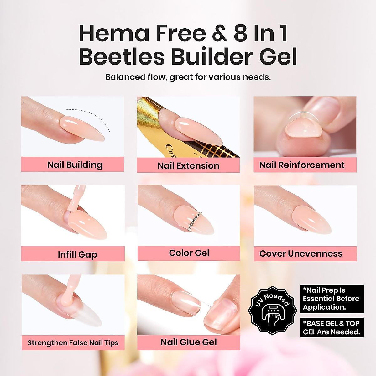 Beetles Builder Gel 6 Colors, 8 in 1 Strengthener Jelly Gel Time to Relax Sheer Peach Clear Builder Nude Pink Skin Tone for All Hard Gel Extension Base Nail Gel False Nail Tips Glue