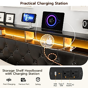 IKIFLY King Size Bed Frame with 4 Storage Drawers & Charging Station, Upholstered Platform Bed with Hidden Storage Headboard and LED Lights, Solid Wood Slats, No Box Spring Needed, Noise Free, Black