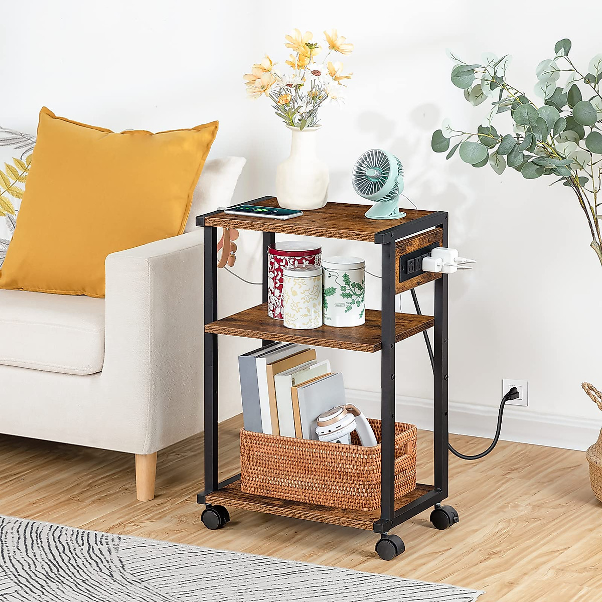 HOOBRO Industrial Printer Stand with Charging Station, 3-Tier Printer Table, Rolling Printer Cart with Adjustable Shelf and Hook, Rustic Brown and Black BF28UPS01