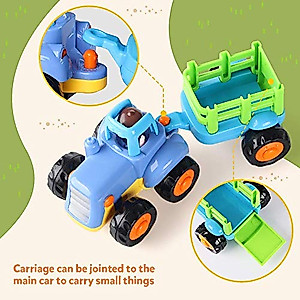 Coogam 4 Pack Friction Powered Cars Construction Vehicles Toy Set Cartoon Push and Go Car Tractor, Bulldozer, Cement Mixer Truck, Dumper for Year Old Boy Girl Kid Gift