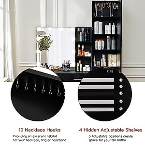 usikey 47.2" Large Vanity Desk with 10 Lights Bulbs & Full-Length Mirror, 70.9" High, Makeup Vanity with Lights and 5 Drawers, Vanity Table Set with Mirror Cabinet and 8 Storage Shelves, Black