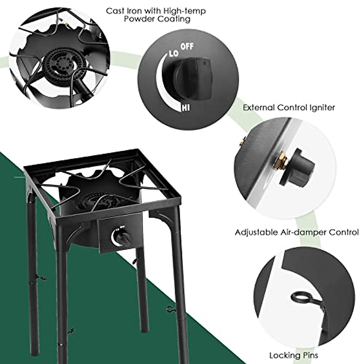 Goplus Outdoor Camping Stove, Single Burner Propane Gas Cooker w/Detachable Legs & 0-20 PSI Regulator & CSA Approval for Camp Paito RV, Cast Iron, 100,000-BTU