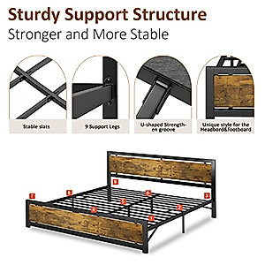 Codesfir King Size Bed Frame, Platform Metal Bed Frame King with Industrial Wood Headboard and 12 Strong Support Metal Legs, Easy Assembly, Noise-Free, No Box Spring Needed