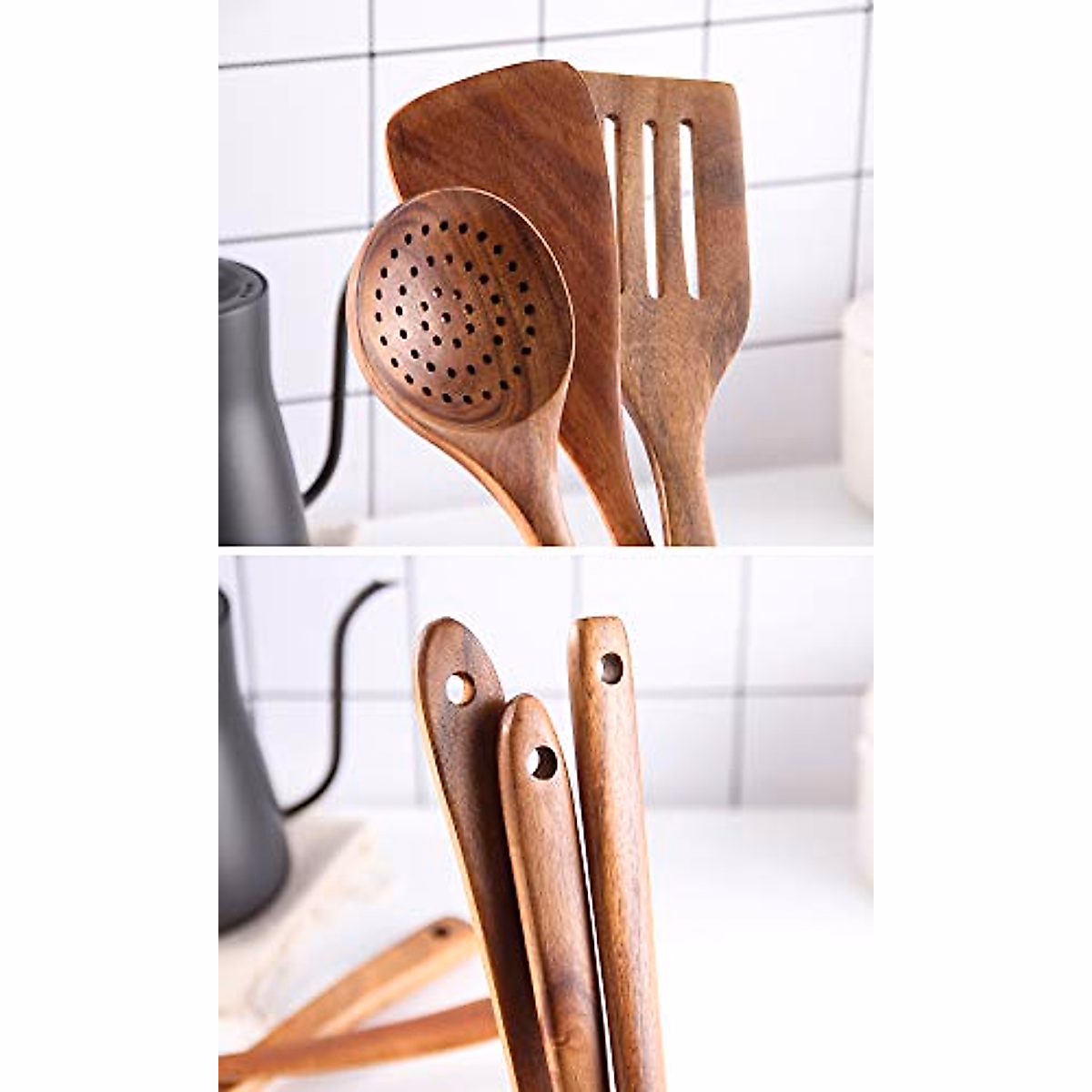 Wooden Spoons for Cooking, Tmkit Cooking Utensils Set of 6 Natural Teak Wooden Cooking Spatulas with Utensils Holder Comfort Grip Wooden Kitchen Utensils for Nonstick Cookware