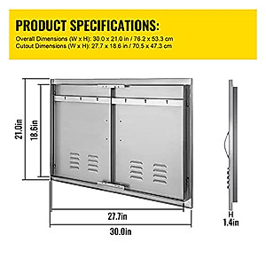 Mophorn Outdoor Kitchen Doors, 30W x 21H Inch, 304 Stainless Steel Double Doors with Vents, BBQ Access Door with 2 Detachable Handles and 6 Hooks, for BBQ Island