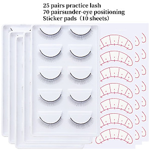 25 Pairs Practice Eyelashes Training Lashes Self-adhesive Practice Lashes With 70 pairs Under Eye Positioning Sticker Pads for Training Eyelash Extension Makeup Beginners (Practice lashes A)