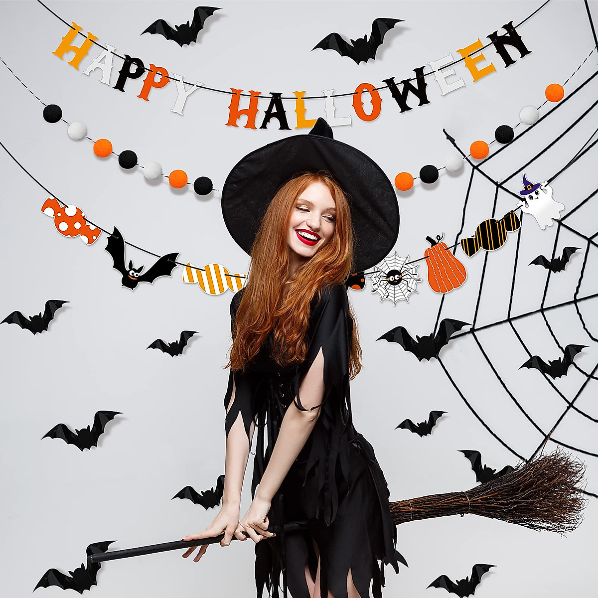 Happy Halloween Banner Pom Pom Garland Set and Halloween Bat Candy Banner with Black Bat Wall Sticker for Halloween Party Decorations Home Decor