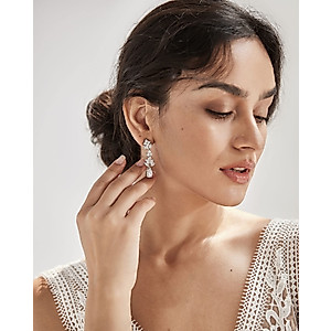 SWEETV Teardrop Wedding Earrings for Brides Birdesmaid, Crystal Cubic Zirconia Bridal Drop Earrings for Women Prom, Silver