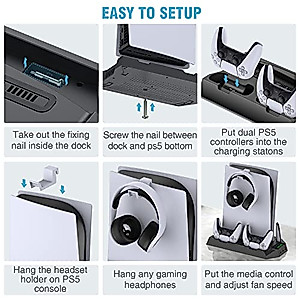 CYKOARMOR PS5 Stand with Cooling Station and Dual Controller Charging Station for PS5 Digital Edition, PS5 Disc Version, PS5 Cooling Fan with Headset Holder and 3 Adjustable Fan Speeds Black