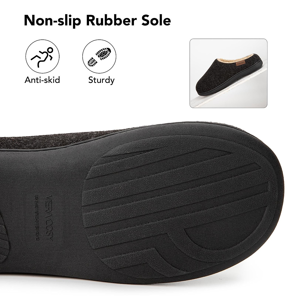 VeraCosy Men's Wool Felt Slippers Warm Fuzzy Faux Sherpa Slip-on Memory Foam Indoor House Slippers Dark Black, 11-12 US