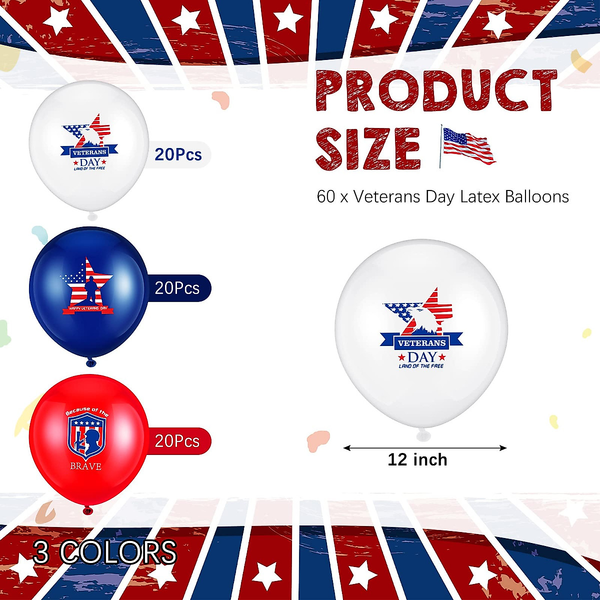 60 Pieces Veterans Balloons White Red and Blue Balloon Latex Happy Day Printed American Flag Thank You Party Supplies Favor for Memorial USA Patriotic Party, Blue,white,red