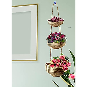 Serene Spaces Living Hanging Raffia Baskets for Your Kitchen – 3 Fair Trade Handmade Decorative Storage Baskets from Madagascar for Fruit and Vegetables