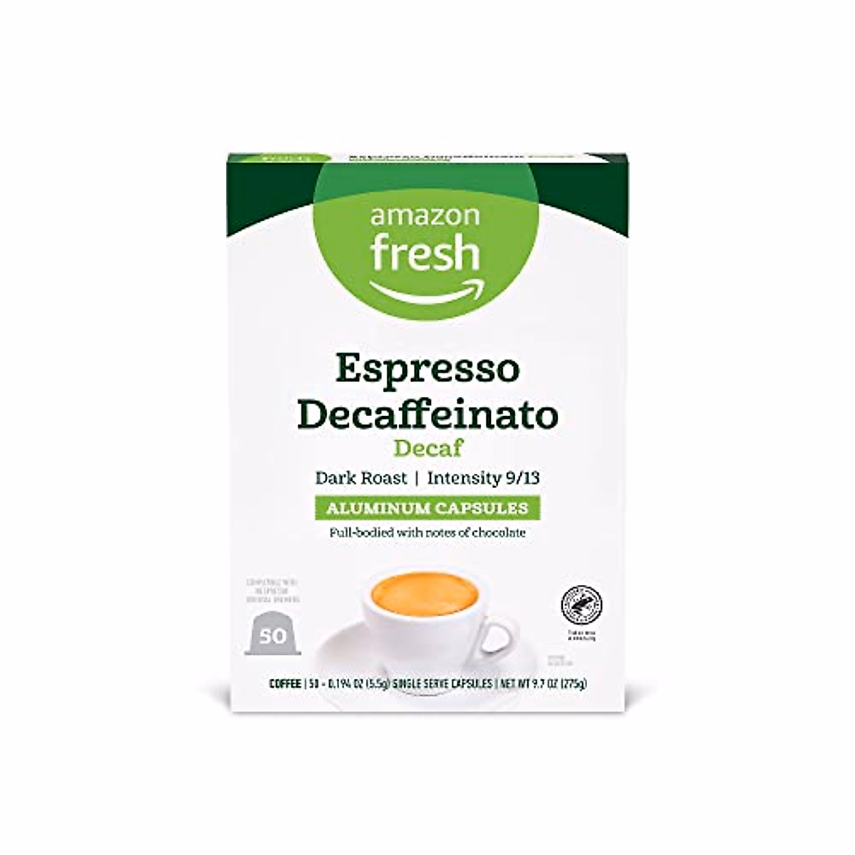 Amazon Fresh Espresso Decaffeinato Dark Roast Aluminum Capsules, Compatible with Nespresso Original Brewers, Intensity 9/13, 50 Count (5 Packs of 10)