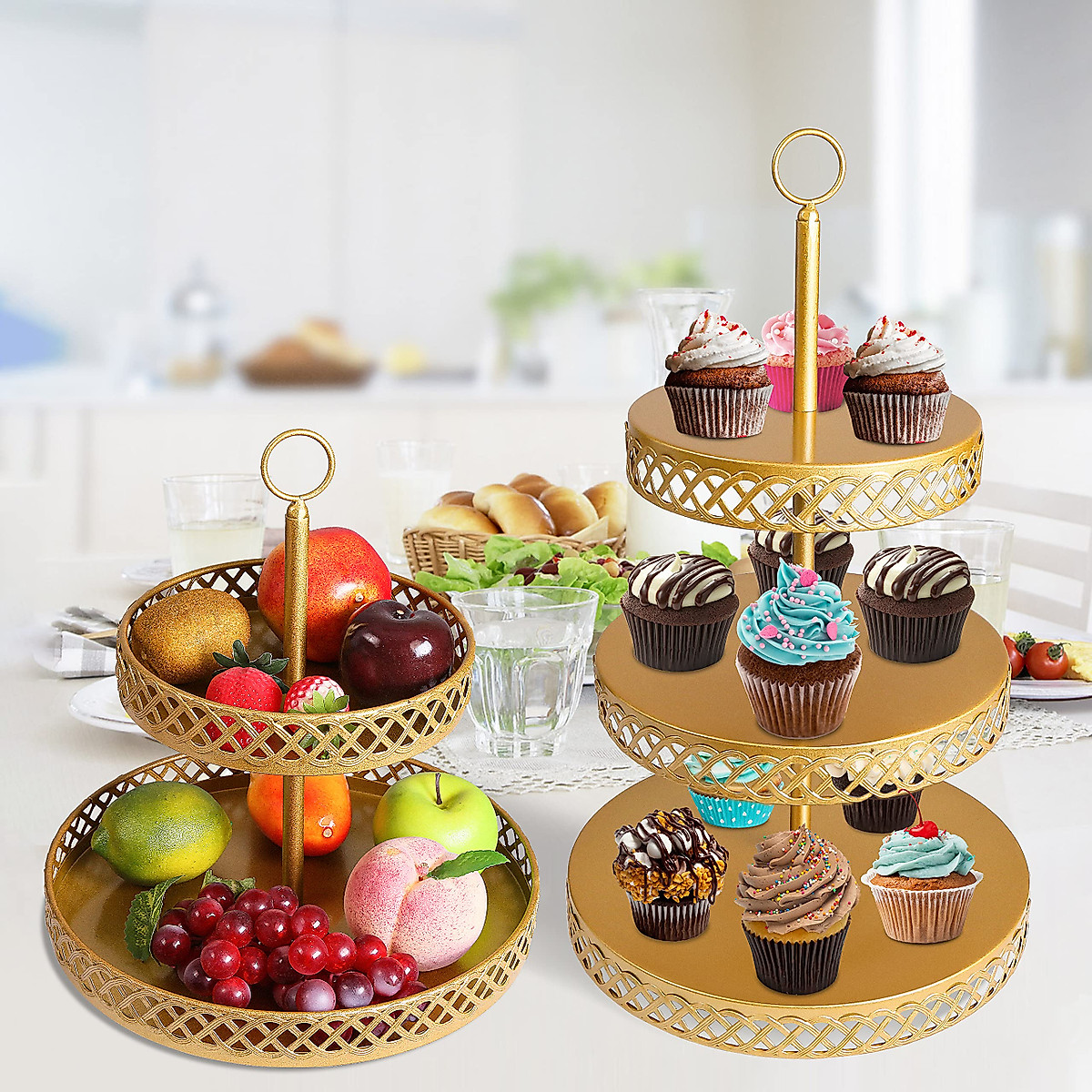 weharnar Cupcake Stand - 3 Tier Metal Cupcake Tower - Dessert Table Display Set Round Cake Holder Tiered Serving Tray for Cup Cakes Desserts Fruits Candy Cookie Buffet, Gold