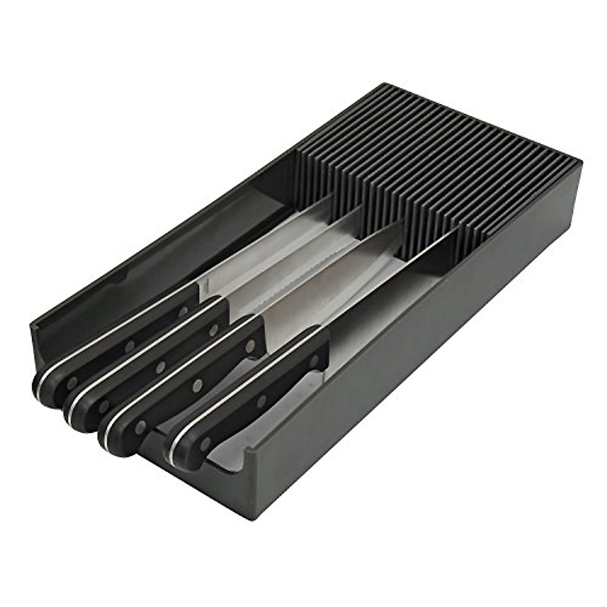 Plastic KNIFEdock - In-Drawer Knife Storage for your kitchen. Replace your knife block with a revolutionary product. Clear your counter top of clutter, and easily identify the desired knife. KNIFEdock