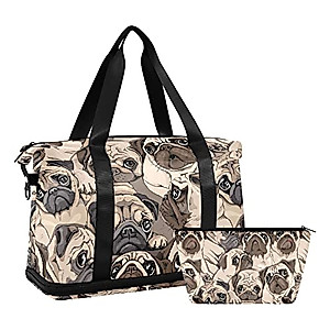 ALAZA Beige Pug Dog Art Gym Bag Sports Duffel Bag with Shoes Compartment, Overnight Weekender Travel Tote Bag for Women Men Trip College