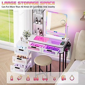 MDGC RGB Make Up Vanity with Wireless Charging Station,7 Dynamic&7 Static Dimmable Vanity Desk with Swivel Mirror and Lights,Makeup Vanity Table with Stool,5 Drawers,Glass Top,Open Shelf