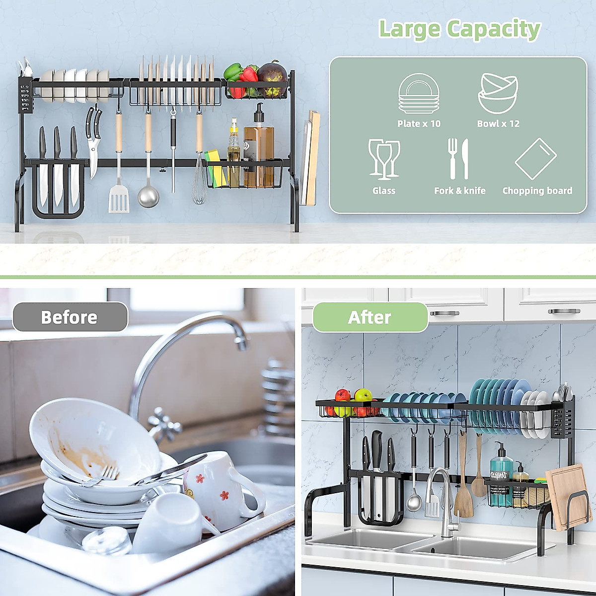 PETSITE Over Sink Dish Drying Rack, 21"-39" Length Adjustable, 2-Tier Dish Drainer for Kitchen Counter Storage, with 4 Baskets and 8 Hooks, Cutting Board & Utensil & Knife Holder, Above Sink Dish Rack