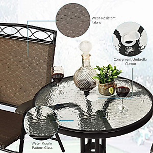 renatone 3 Piece Patio Bistro Set, Outdoor Bistro Dining Furniture Set Table & Folding Chairs for Garden, Pool, Backyard, Tempered Glass Tabletop with Umbrella Hole