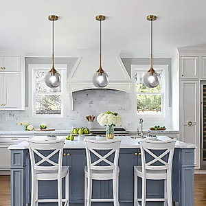 KCO Lighting Modern 1-Light Globe Pendant Light Mid Century Large Single Smoke Glass Hanging Light Brushed Brass Adjustable Pendant Light Fixture for Living Room Kitchen Island (Smoke Gray)