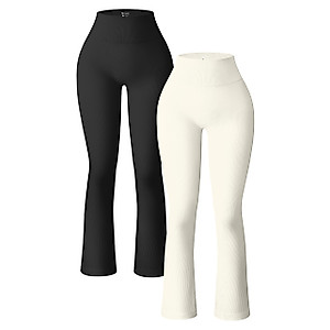 OQQ Women's 2 Piece Yoga Pants Ribbed Seamless Workout High Waist Bell Bottoms Flare Leggings Black Beige