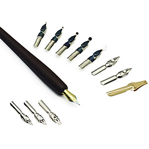 Plotube Calligraphy Pen Set – Includes Wooden Dip Pen, Antique Brass Holder, 11 Nibs, 7 Colors Ink Bottles and Beginner's Manual
