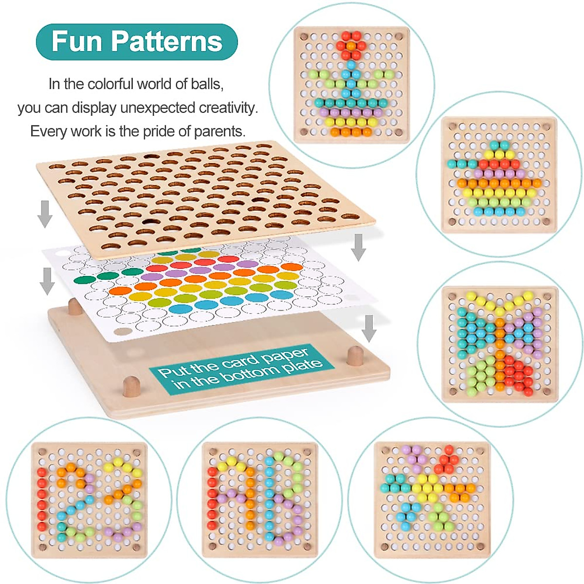 XISTEST Kids Wooden Toy, Children's Toys for 3 Years Old, Montessori Board, Fine Motor Early Education Color Recognition Chopsticks Clip Beads Hands Brain Training