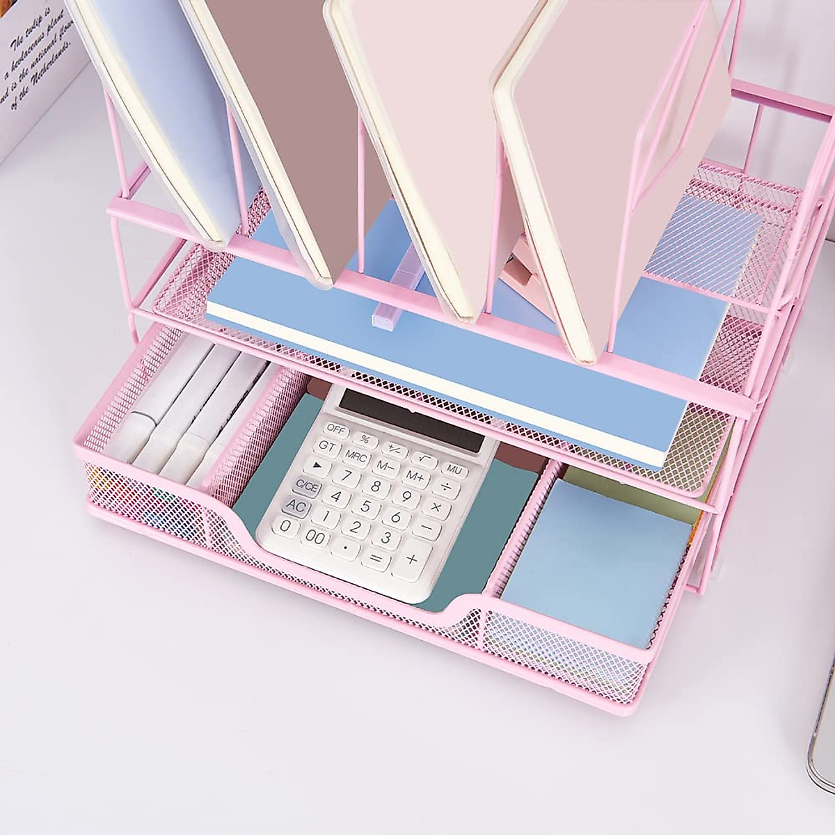 Becomrock Desk Organizers and Accessories, Office Supplies Desktop Organizer, Desk File Organizer with Sliding Drawer, Dual Tray and 5 Upright Section, File Folder Holder for Desk (Black)