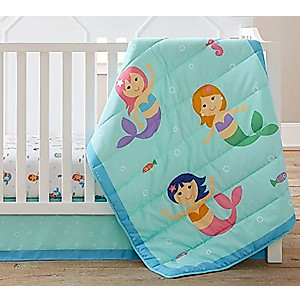 Wildkin 100% Microfiber 3 Pc Crib Bed In A Bag for Toddler Boys and Girls, Bedding Set Includes Printed Comforter, Fitted Bottom Sheet and Coordinating Crib Skirt, Olive Kids (Mermaids)
