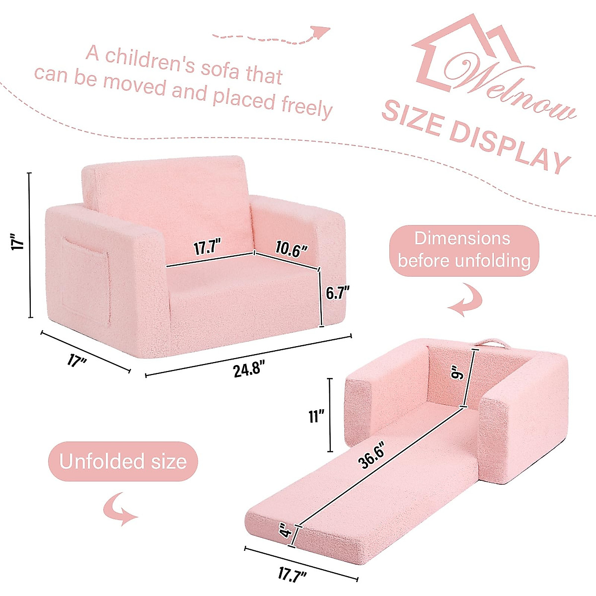 Welnow 2-in-1 Kids Sofa Chair, Convertible Toddler Chair Flip Out Children Sofa Chair Folding Kids Play Sofa with Side Pockets & Removable Cover Armrest Chair for Girl or Boy