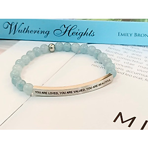 Aquamarine Beads-YOU ARE LOVED YOU ARE VALUED YOU ARE BEAUTIFUL- Faith Motivated Messages Engraved Stainless Steel Bar Beaded Inspirational Bracelets,Gifts for Women Men Girls Boys Mother Daughter Friends,Birthday Present. (silver-Aquamarine-YOU ARE LOVED