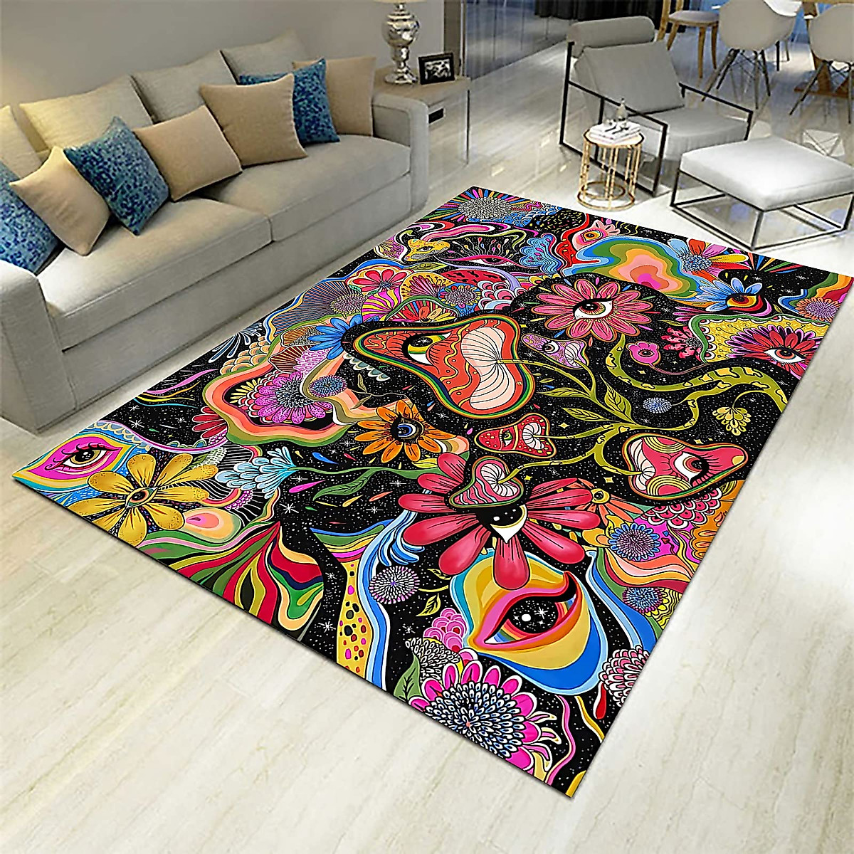 LGGQQW Mushroom Area Rug Trippy Trug Cute Flower Rug Colorful Hippy Carpet for Bedroom