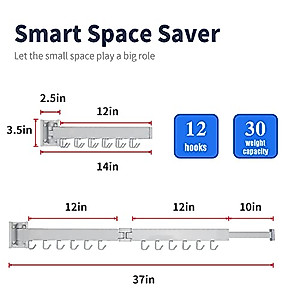 ptlsy Wall Mounted Portable Folding Clothes Drying Rack with Hooks,Space Saver Clothes Hangers Design Universal for Balcony, Mudroom, Bedroom, Kitchen, Foldable Laundry Rack (2-Pole White)