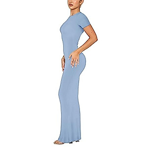 REORIA Women's Summer Sexy Casual Lounge Long Dress Elegant Wedding Guest Short Sleeve Crew Neck Bodycon Maxi Dresses Blue Small