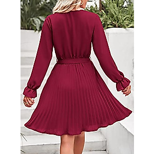 PRETTYGARDEN Women's Casual Spring Fall Dresses Long Puff Sleeve V Neck Pleated Ruffle Flowy Belted Dress (Wine Red,Large)
