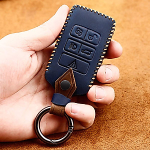 ontto Key Fob Cover for 2018 2019 Land Rover Range Rover Remote Keycase Shell Holder Genium Leather Protector Keychain Blue