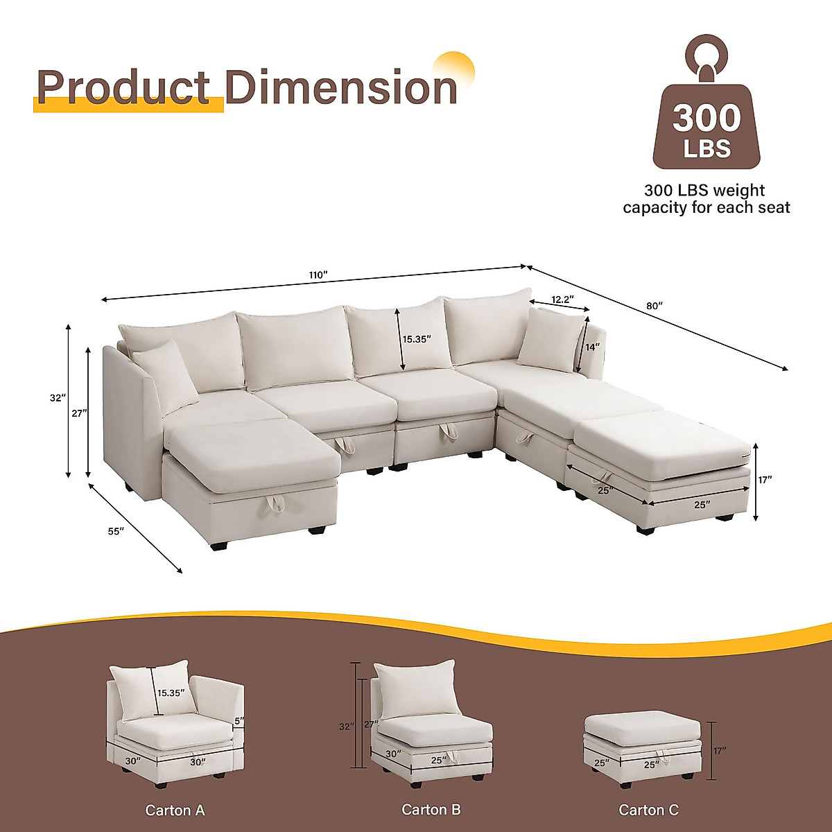 JMYMRY Modular Sectional Sofa, Convertible U Shaped Sofa Couch with Storage, Flexible Modular Combinations Fabric Couch for Living Room, Beige
