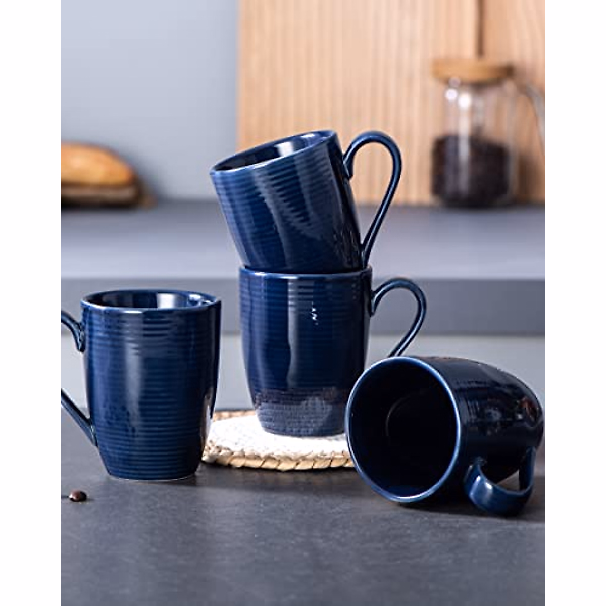 HENXFEN LEAD Coffee Mugs Set of 4-12 Oz Ceramic Coffee Cup with Large Handle for Tea, Milk, Latte and Cocoa, Christmas Mug Gift with Texture Design for Men & Women Microwave Safe, Dark Blue