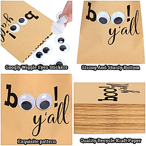 JarThenaAMCS 50Pcs Halloween Treat Bags with Self-Adhesive Wiggle Eyes Stickers Boo Y'all Candy Goodie Bags Kraft Paper Buffet Bags for DIY Crafts Party Supplies