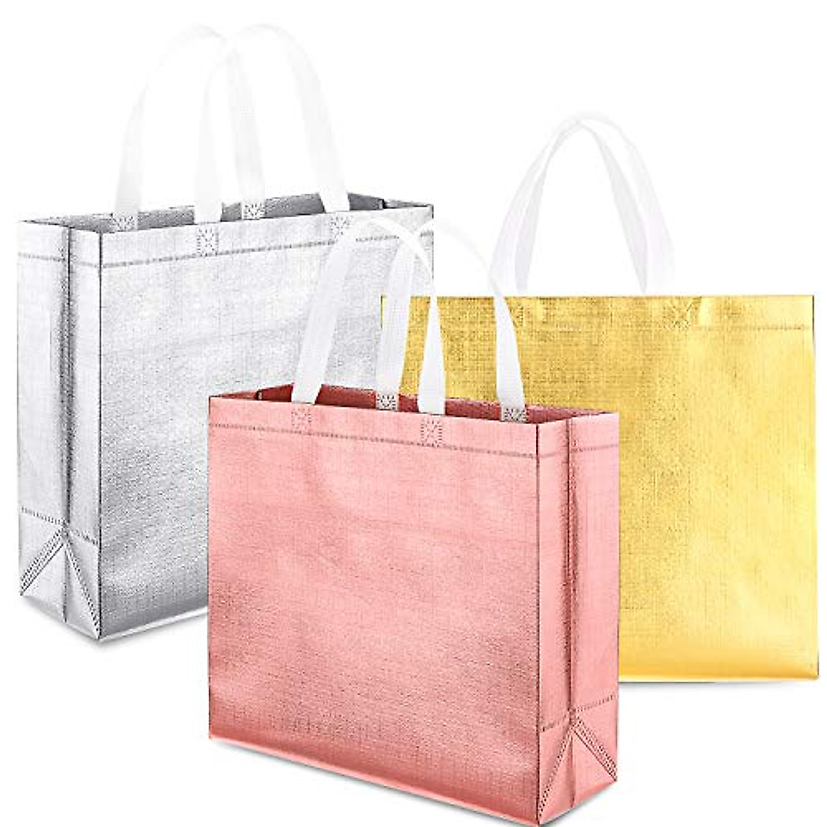 Whaline Set of 12 Glossy Reusable Grocery Bag, Tote Bag with Handle, Non-woven Stylish Gift Bag, Goodies Bag, Shopping Promotional Bag, for Holiday Party,Event,Birthday (Rose gold, Gold, Silver)