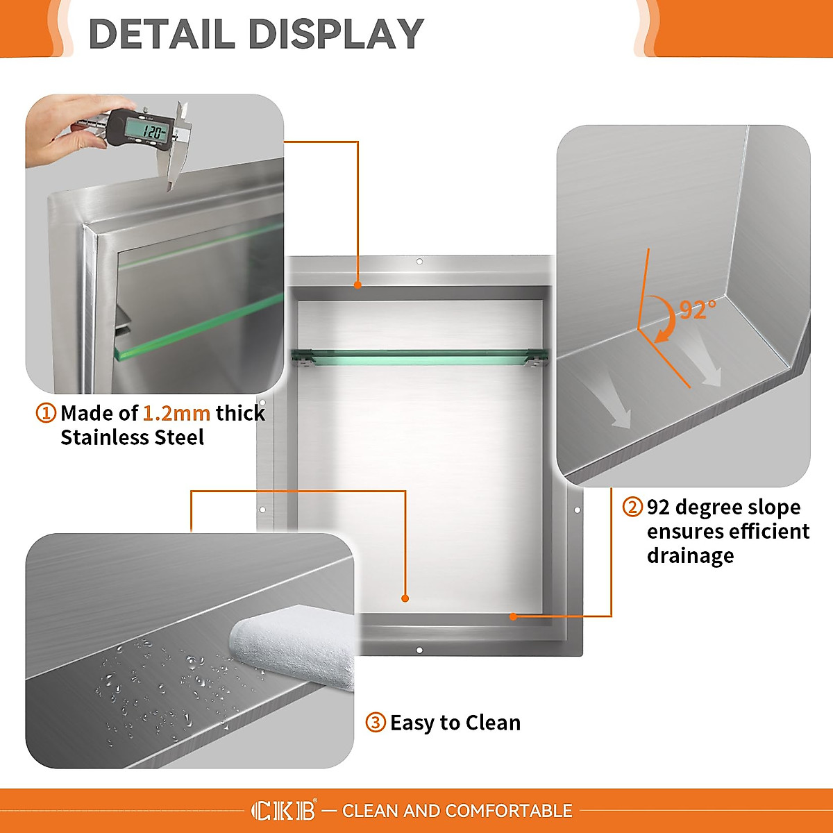 CKB Shower Niche Stainless Steel, 18 Inch x 14 Inch x 4 Inch Depth, Double-Layer Storage Shelves, Recessed Shower Shelf with Brushed Nickel