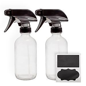 Cornucopia Brands 8-Ounce Clear Glass Spray Bottles (2-Pack); Boston Round Bottles w/ 3-Setting Adjustable Black Heavy Duty Sprayers & Chalk Labels