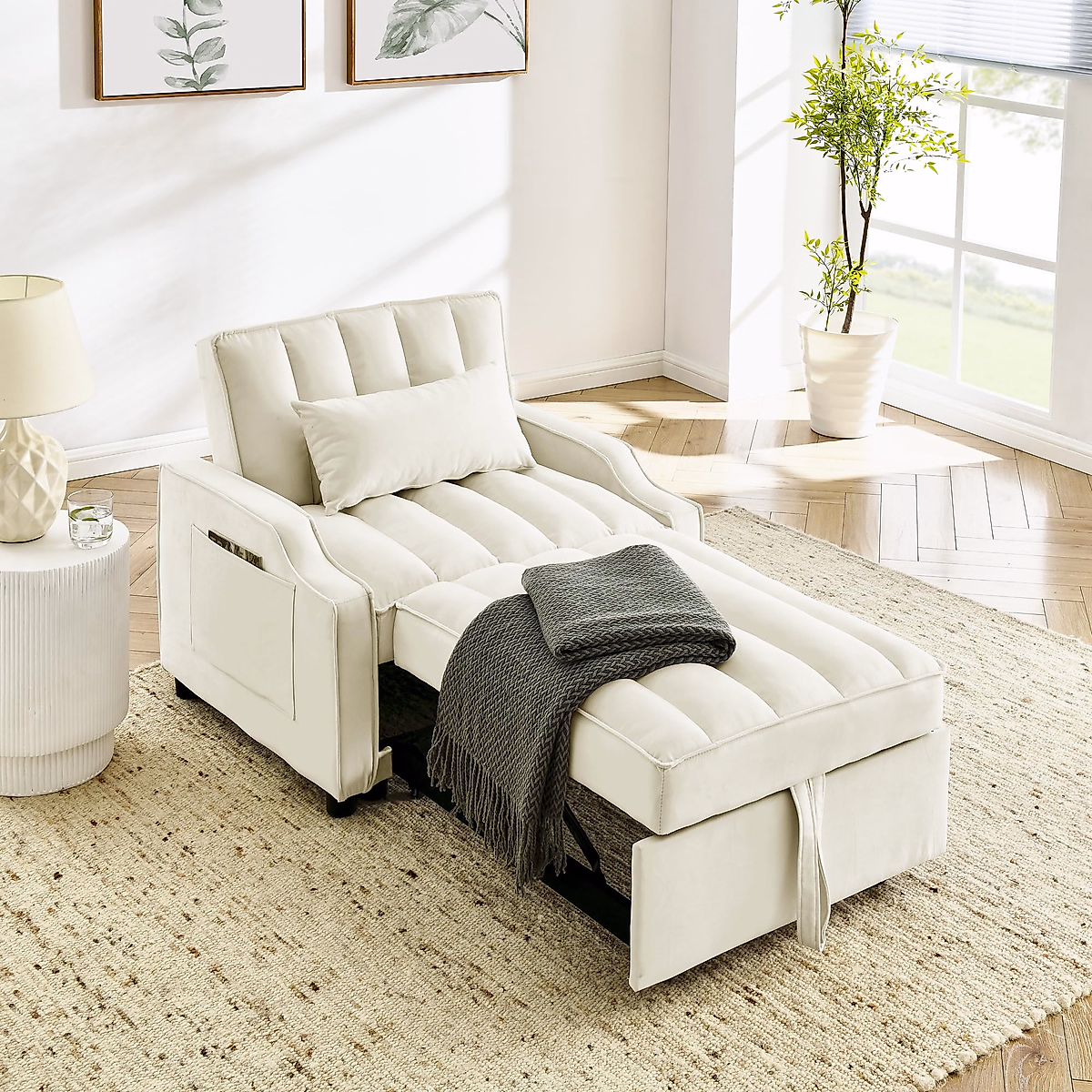 FUQIAOTEC Sleeper Sofa Chair Bed, Modern Velvet Pull Out Sofa Futon Chair Bed, Convertible Sofa Chair 3-in-1 with Adjustable Backrest and Pillow for Living Room, Small Space, White